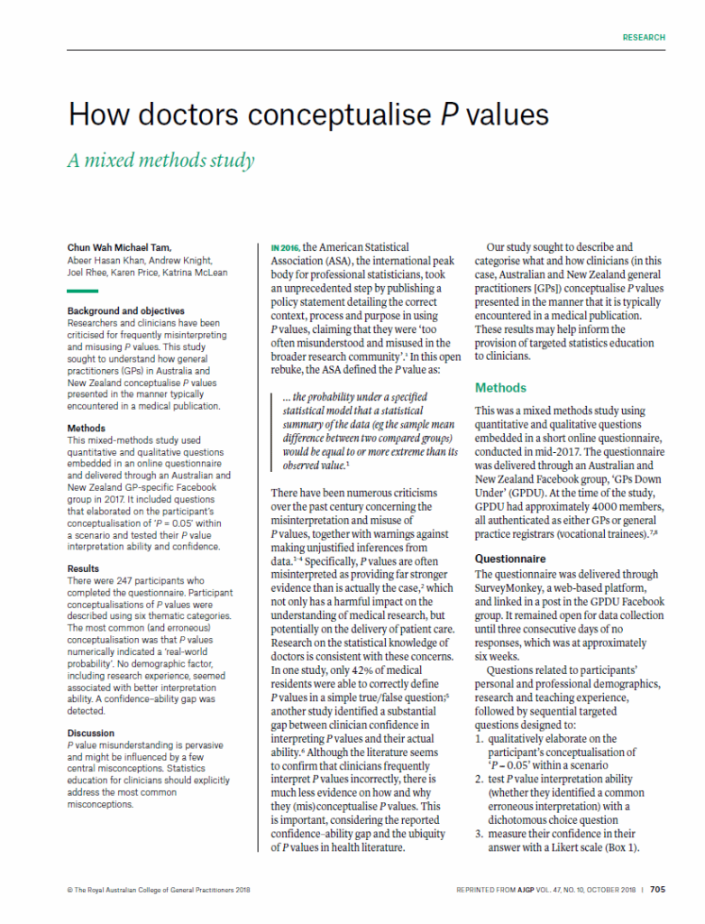 How doctors conceptualise P values: A mixed methods study – Michael Tam